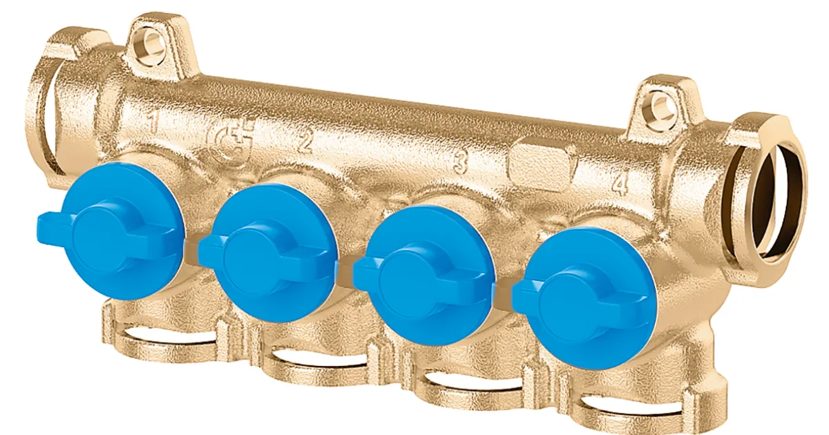 Manifold with individual shut-off valves (blue knobs). | Caleffi S.p.a.