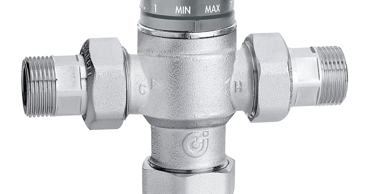 Tempering valve, adjustable with knob, with check valves and strainers ...
