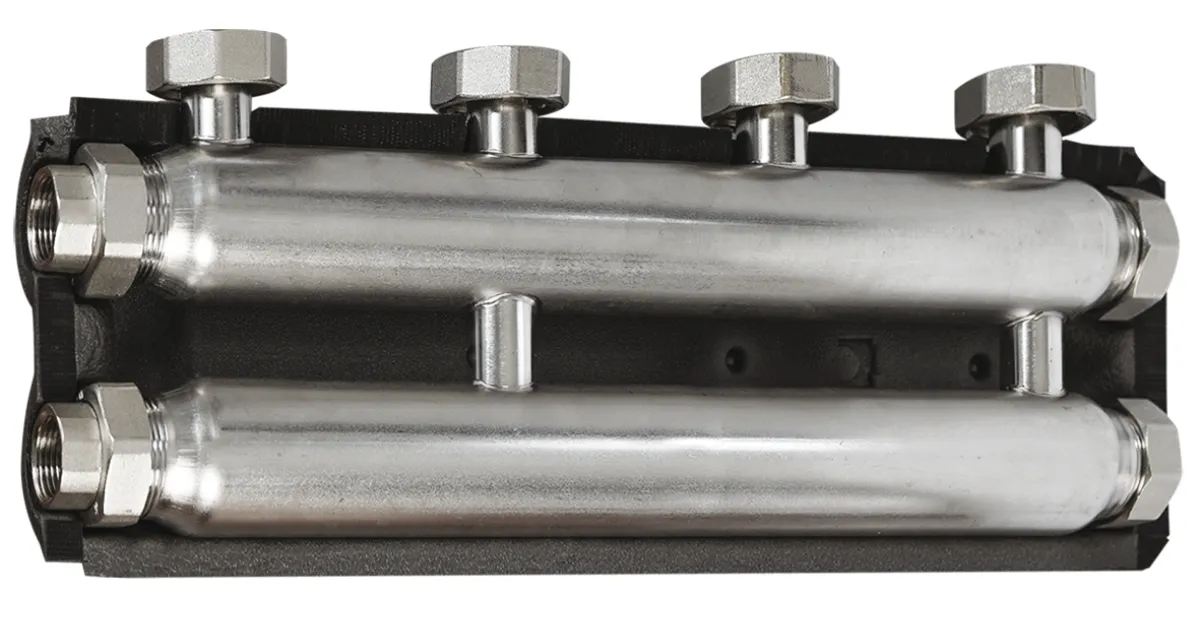 Stainless steel manifold for heating and cooling systems. 2 outlets ...